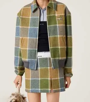 Miu Miu Wool Check Bomber Jacket - Brown