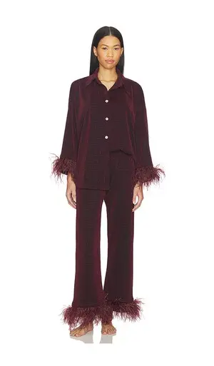 Sleeper Cosmos Oversized Lurex Pajamas Set With Detachable Feathers In Wine - Burgundy