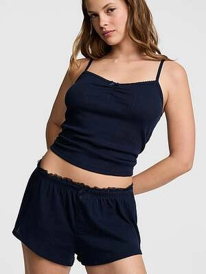 Pink 24/7 Lounge Modal Lace-trim Micro Shorts - Blue