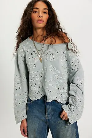 Free People Iris Embroidered Sweatshirt - Blue As Proto