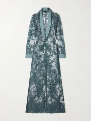 Kiki De Montparnasse Camille Silk Satin-trimmed Organic Cotton-blend Lace Robe - Blue