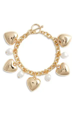 Nordstrom Faux Pearl And Heart Charm Bracelet - White- Gold