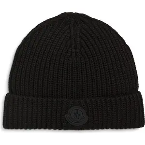 Moncler Logo Patch Ribbed Cotton Beanie - Black