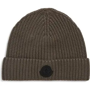 Moncler Logo Patch Ribbed Cotton Beanie - Peat