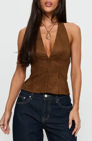 Princess Polly Dalyah Faux Suede Corset Halter Top - Brown