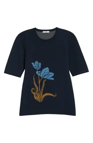 Erdem Jacquard Knit Short Sleeve Sweater - Navy