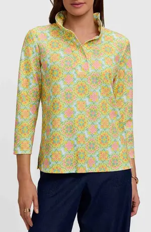 Foxcroft Tile Print Ruffle Collar Top - Multi