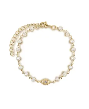KARMA AND LUCK Pearl Evil Eye Charm Bracelet - Gold/white