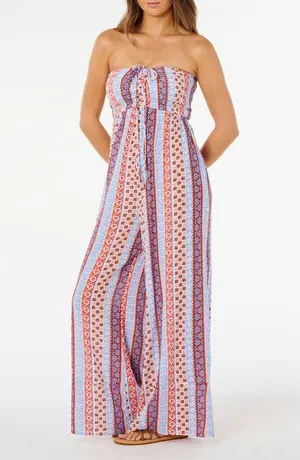 Rip Curl Ventura Smocked Strapless Wide-Leg Jumpsuit Blue Multi