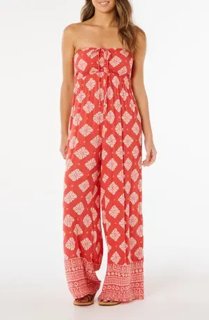 Rip Curl Ventura Smocked Strapless Wide-leg Jumpsuit - Red