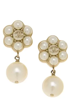 CHANEL Gold Faux Pearl Dangle Earrings