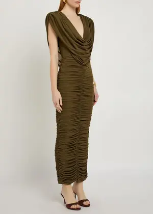 Ronny Kobo Cowl-neck Ruched Stretch-mesh Midi Dress - Green