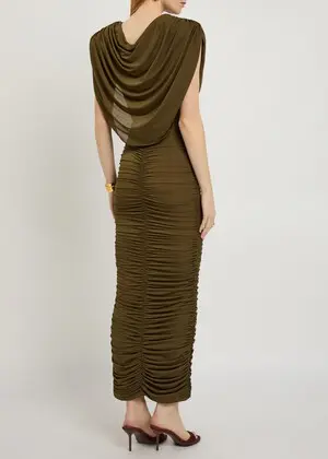 Ronny Kobo Cowl-neck Ruched Stretch-mesh Midi Dress - Green