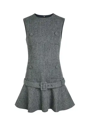 SELF-PORTRAIT Herringbone Belted Wool-blend Mini Dress - Grey