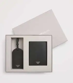 Emporio Armani Leather Passport Holder And Tag Set - Black