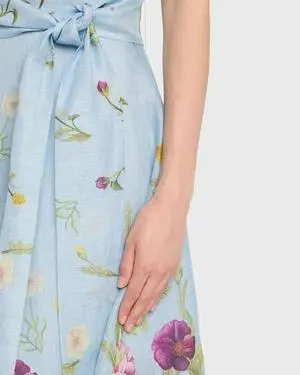 Rickie Freeman For Teri Jon Floral-print Silk-linen Midi Shirtdress - Light Blue Multi