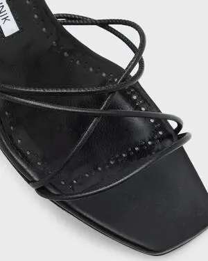 Manolo Blahnik Strappy Leather Kitten Heel Mules - Black