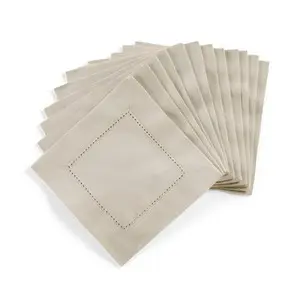 Solino Home Cotton Hemstitch Cocktail Napkins Set Of 12, 6 X 6 Inch For Dining Table - Linen