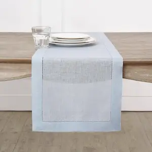 SOLINO HOME Linen Table Runnerclassic Hemstitch Light Blue