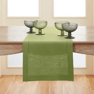 SOLINO HOME Linen Table Runnerclassic Hemstitch Moss Green