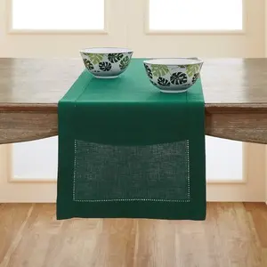 SOLINO HOME Linen Table Runnerclassic Hemstitch Rainforest