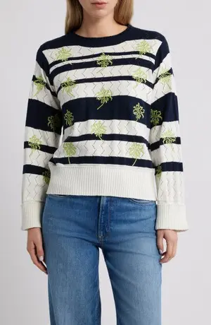 Wit & Wisdom Embroidered Stripe Pointelle Sweater
