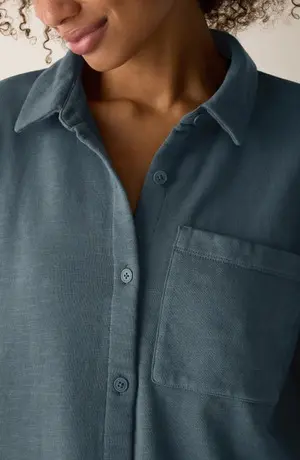 Eileen Fisher Classic Collar Organic Cotton French Terry Button-up Shirt