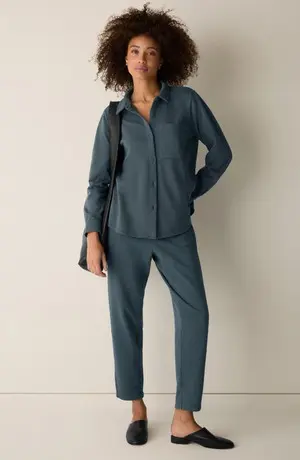 Eileen Fisher Classic Collar Organic Cotton French Terry Button-up Shirt