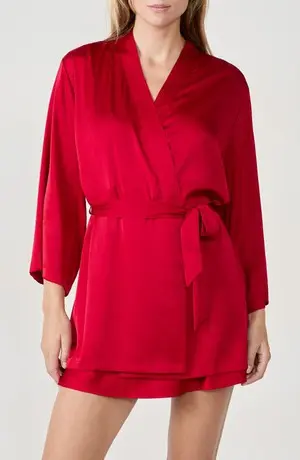 ETAM Confidence Deshabille Lace Trim Satin Robe - Red