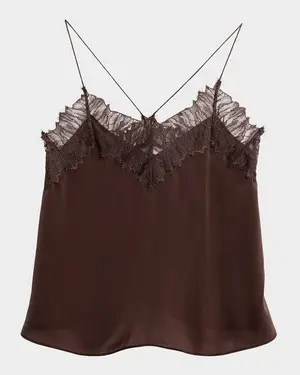 IRO PARIS Silk Cami With Lace Trim - Mocha