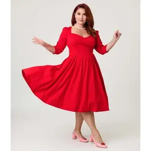 Unique Vintage Sweetheart Neckline Swing Dress - Red Solid