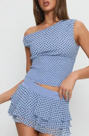Princess Polly Polka Dot One-shoulder Top - Blue Polka