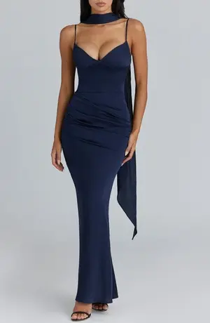 House Of Cb Gathered Satin Gown With Scarf - Navy