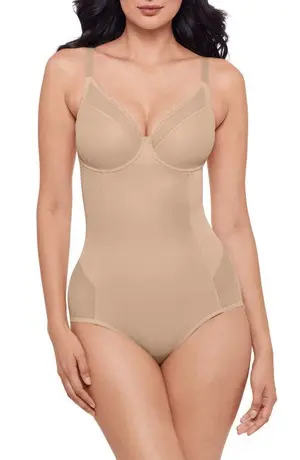 MIRACLESUIT® Sheer Mesh Trim Underwire Shaping Bodysuit - Warm Beige