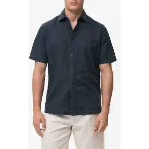 Mango Short Sleeve Linen & Cotton Button-up Shirt - Navy