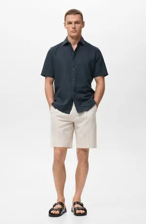 Mango Short Sleeve Linen & Cotton Button-up Shirt - Navy