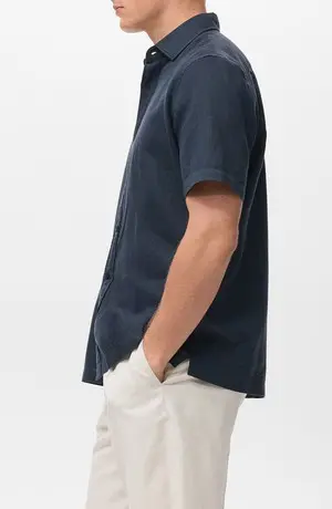 Mango Short Sleeve Linen & Cotton Button-up Shirt - Navy