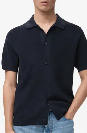 Mango Short Sleeve Knit Button-up Shirt - Navy