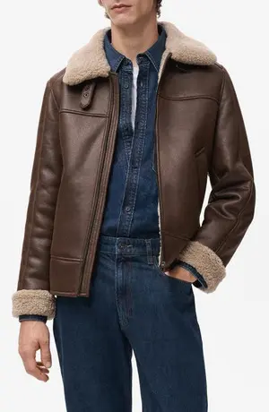 Mango Faux Shearling Flight Jacket - Tobacco Brown