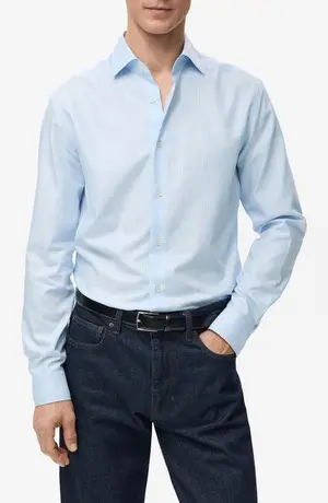 Mango Slim Fit Stripe Cotton Button-up Shirt - Sky Blue