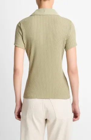 Vince Johnny Collar Ribbed Top - Olive Stone