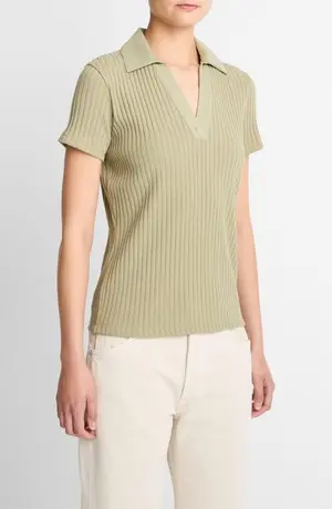Vince Johnny Collar Ribbed Top - Olive Stone