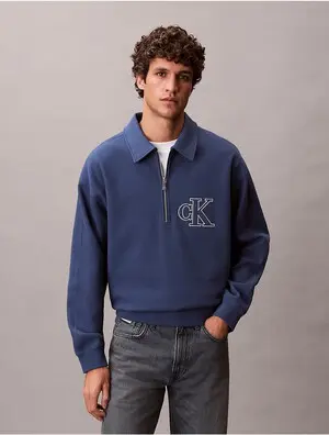 Calvin Klein Varsity Monogram Quarter Zip Sweatshirt - Dark Denim