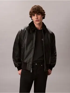 Calvin Klein Leather Bomber Jacket With Shearling Collar