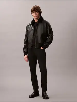 Calvin Klein Leather Bomber Jacket With Shearling Collar