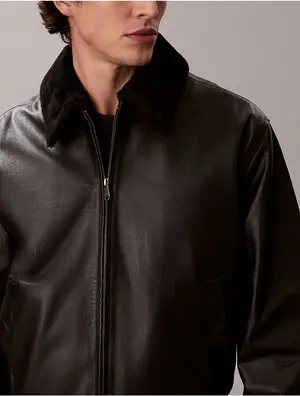Calvin Klein Leather Bomber Jacket With Shearling Collar
