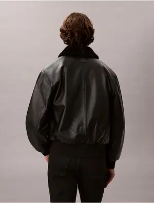 Calvin Klein Leather Bomber Jacket With Shearling Collar