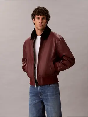 Calvin Klein Leather Bomber Jacket With Shearling Collar - Mocha Moment