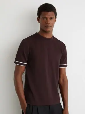 REISS Oscar Piped-trim Textured Modern-fit T-shirt - Cherry Red