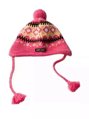 Miu Miu Jacquard Knit Beanie Hat - Pink